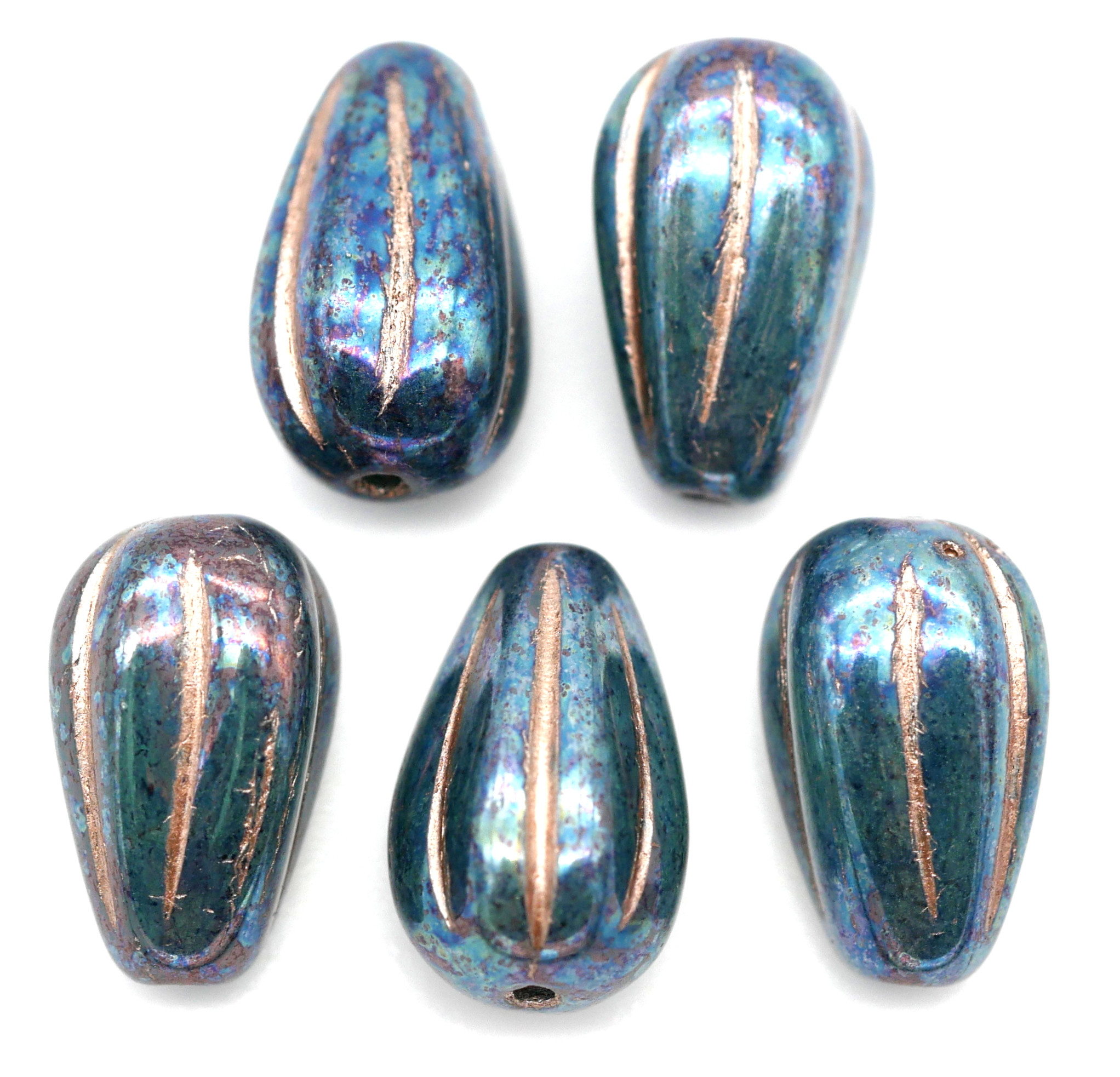 5pc 13x8mm Czech Pressed Glass Fluted Melon Drop Beads, Aqua Opal ...
