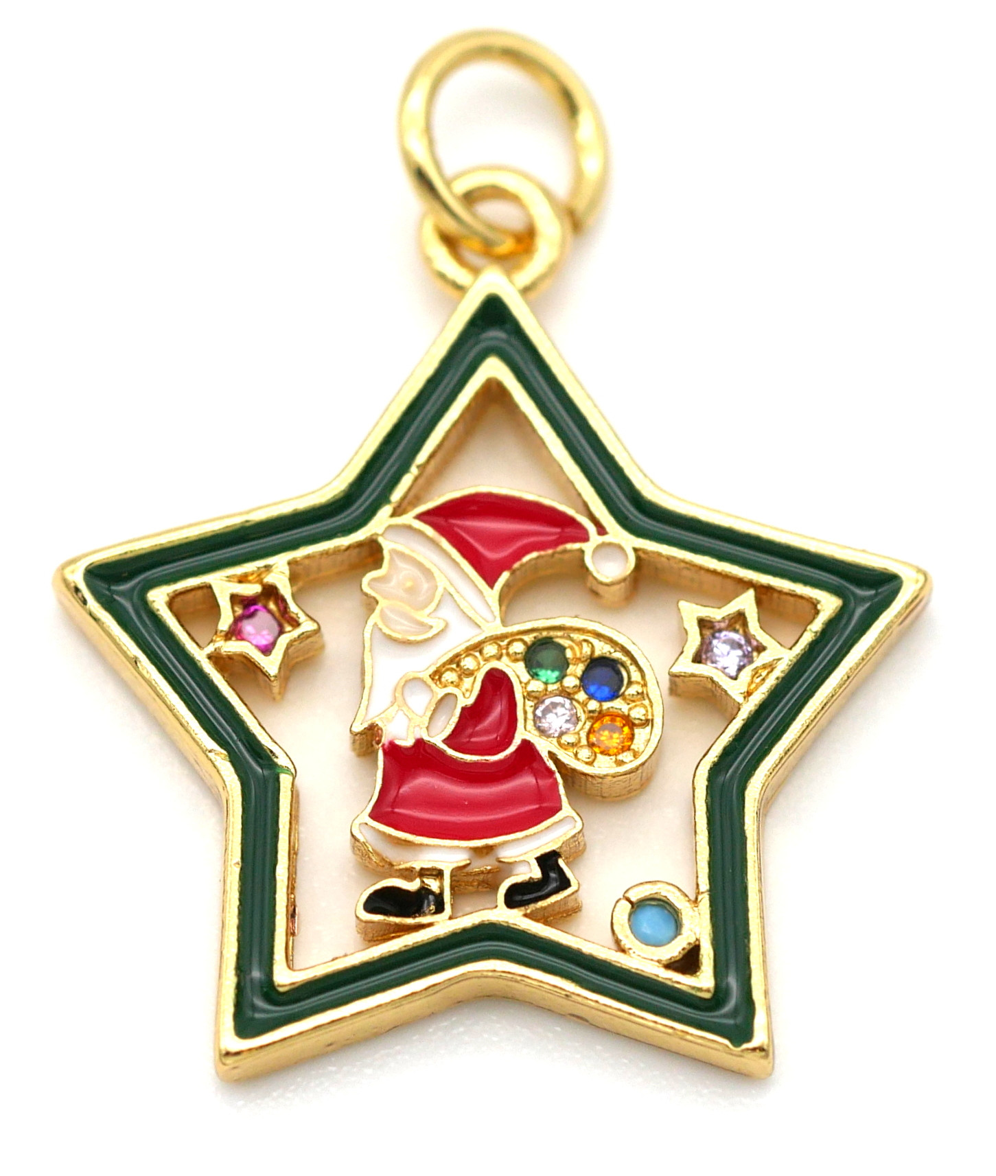 19.5x18 Enameled 18K Gold-Plated Brass Star & Santa Pendant w/Mixed ...