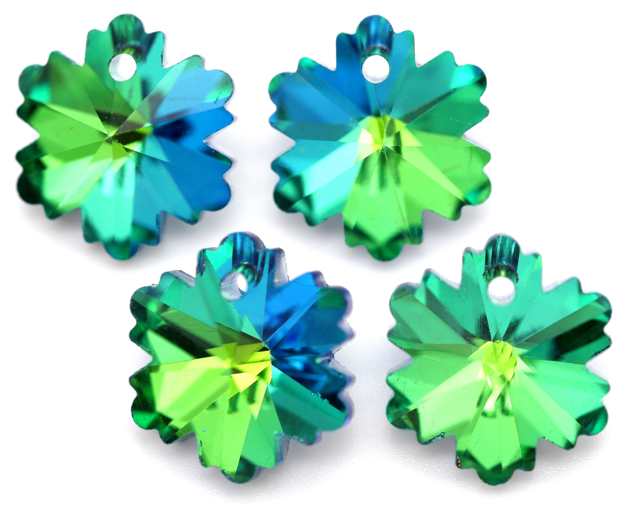 4pc 14x12.5mm Crystal Faceted Snowflake Drops, Green Iris - Bead Box ...