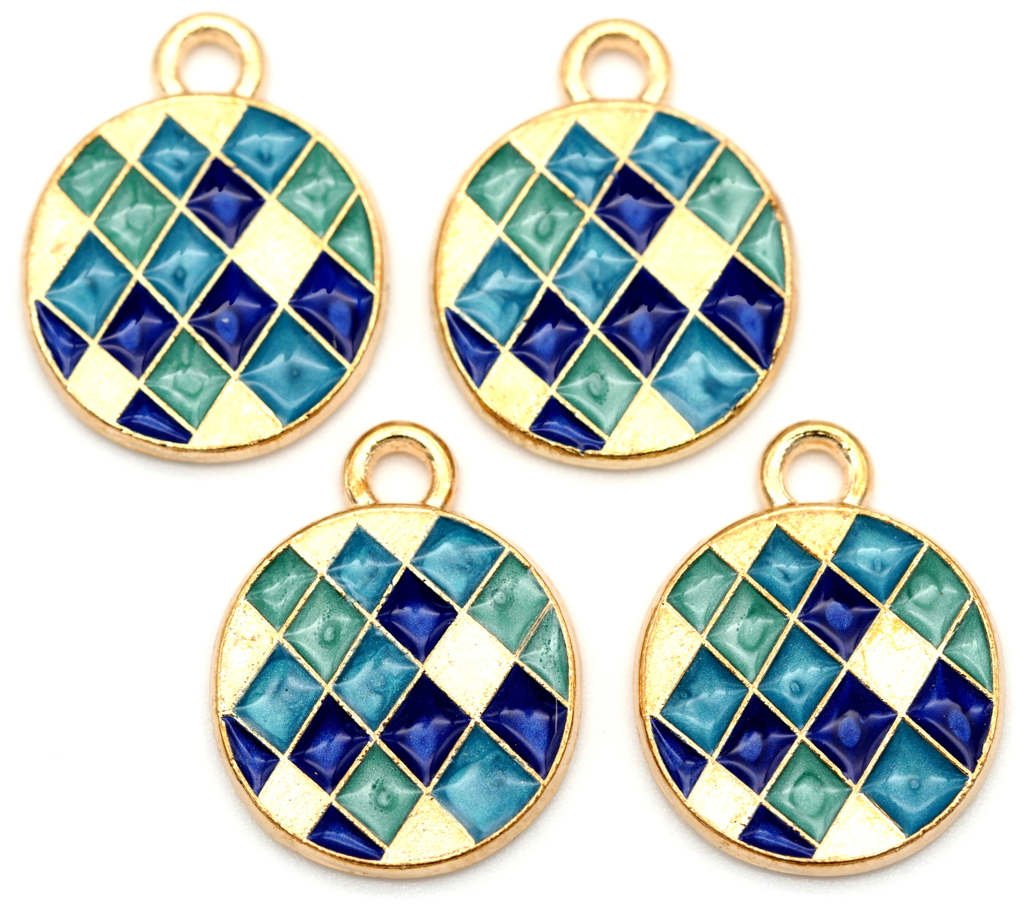 4pc 17x14mm Enameled Blue Diamond-Patterned Round Charms, Gold - Bead ...