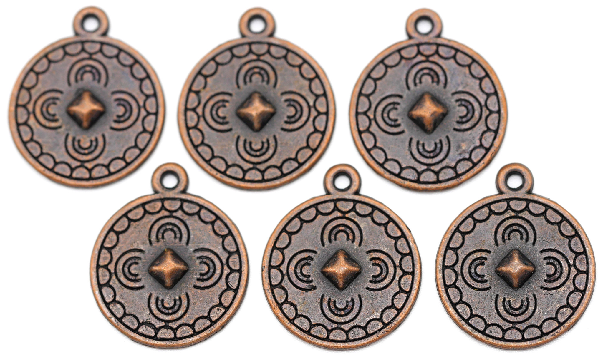 6pc 19x16mm Patterned Coin Charms, Antique Copper - Bead Box Bargains
