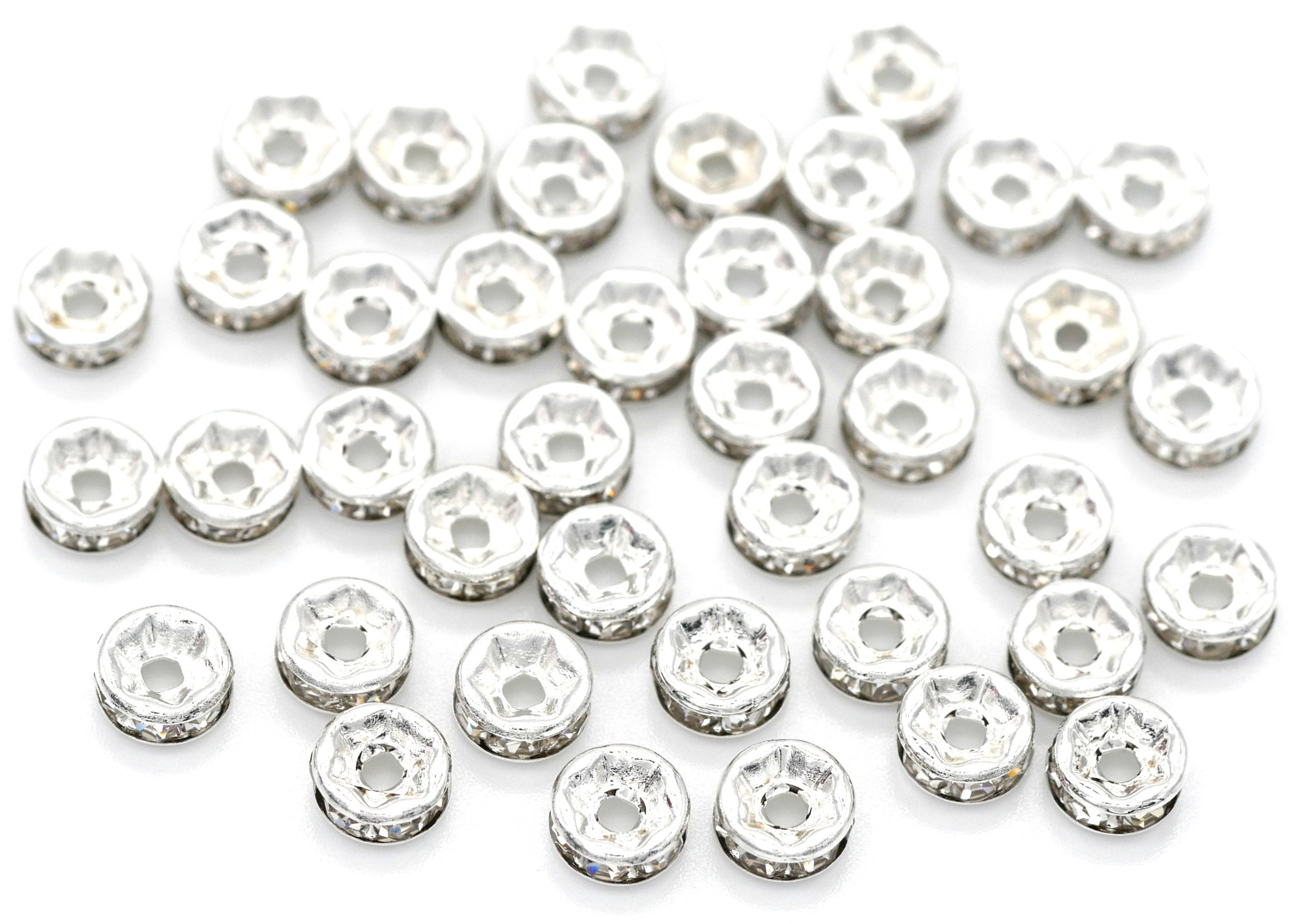 40pc 6x3mm Brass Rhinestone Rondelle Spacer Beads, Silver/Crystal ...