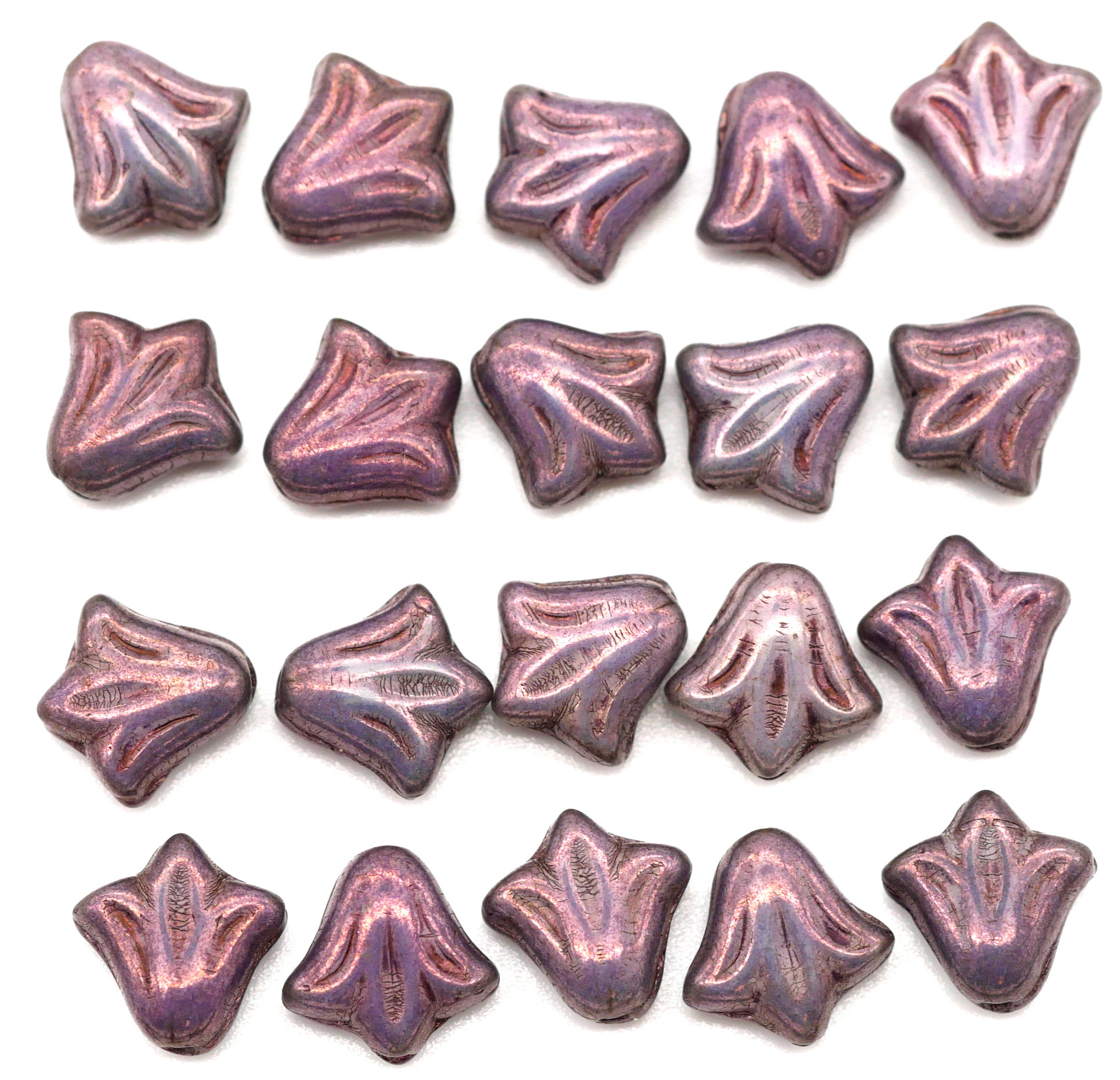 20pc 9mm Czech Pressed Glass Lily Beads, Alabaster/Lila Vega Luster ...