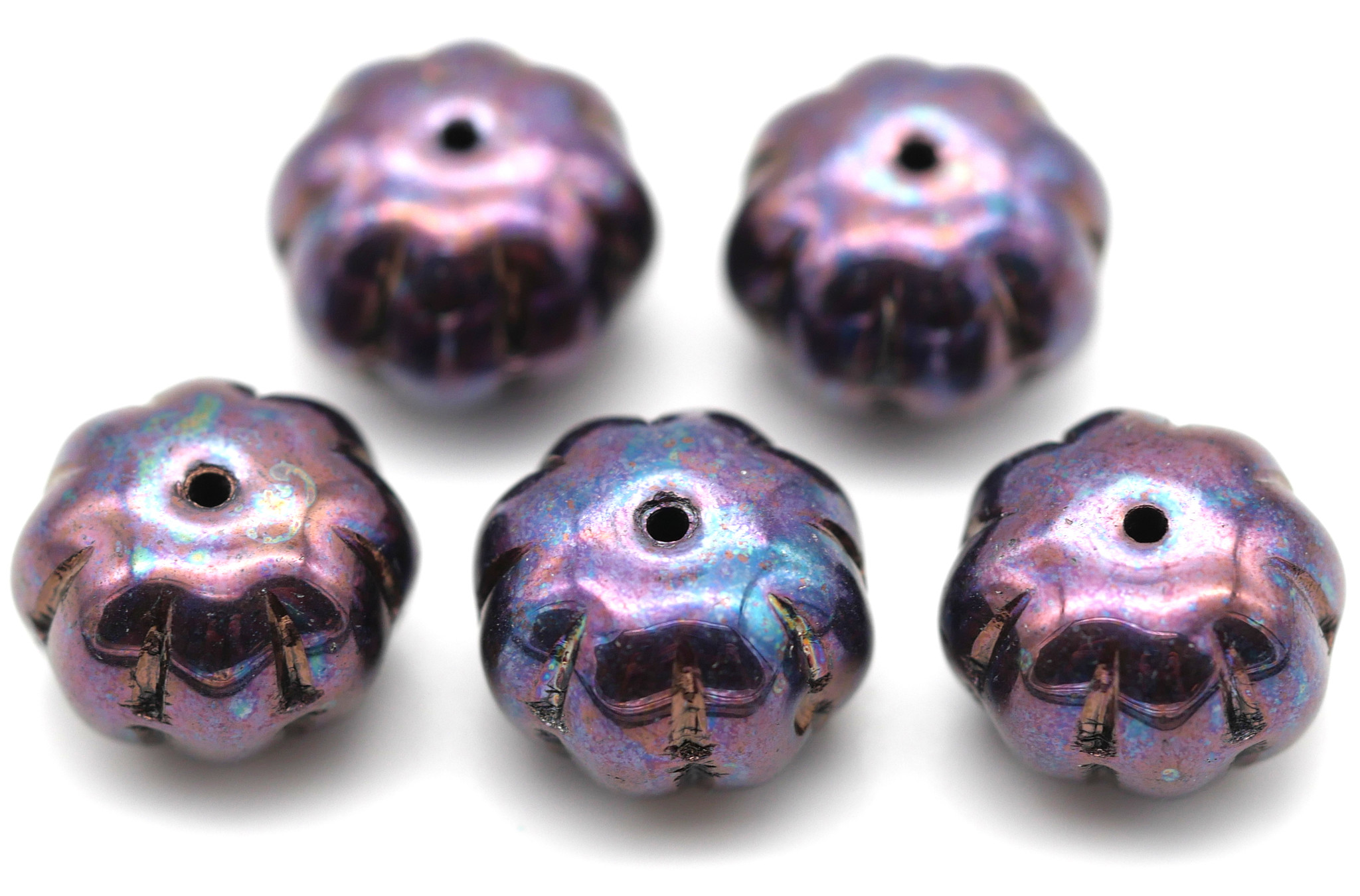 5pc 11x8mm Czech Pressed Glass Fluted Pumpkin Beads, Jet Nebula - Bead ...