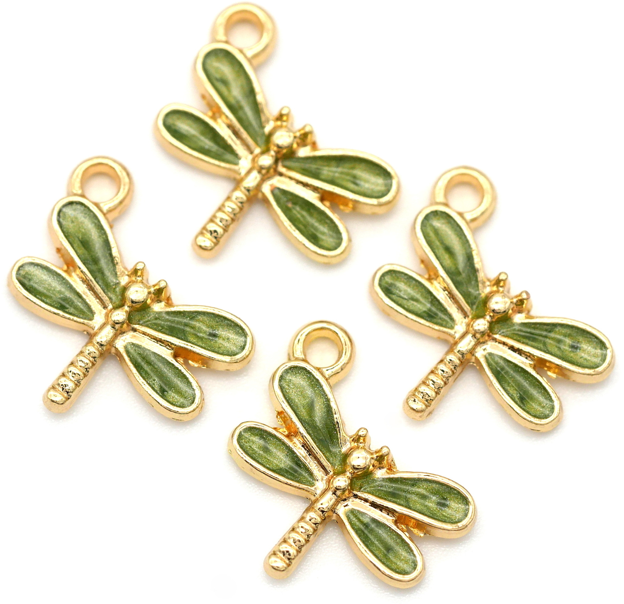 4pc 14x15mm Enameled Dragonfly Charms, Green Swirl/Gold - Bead Box Bargains
