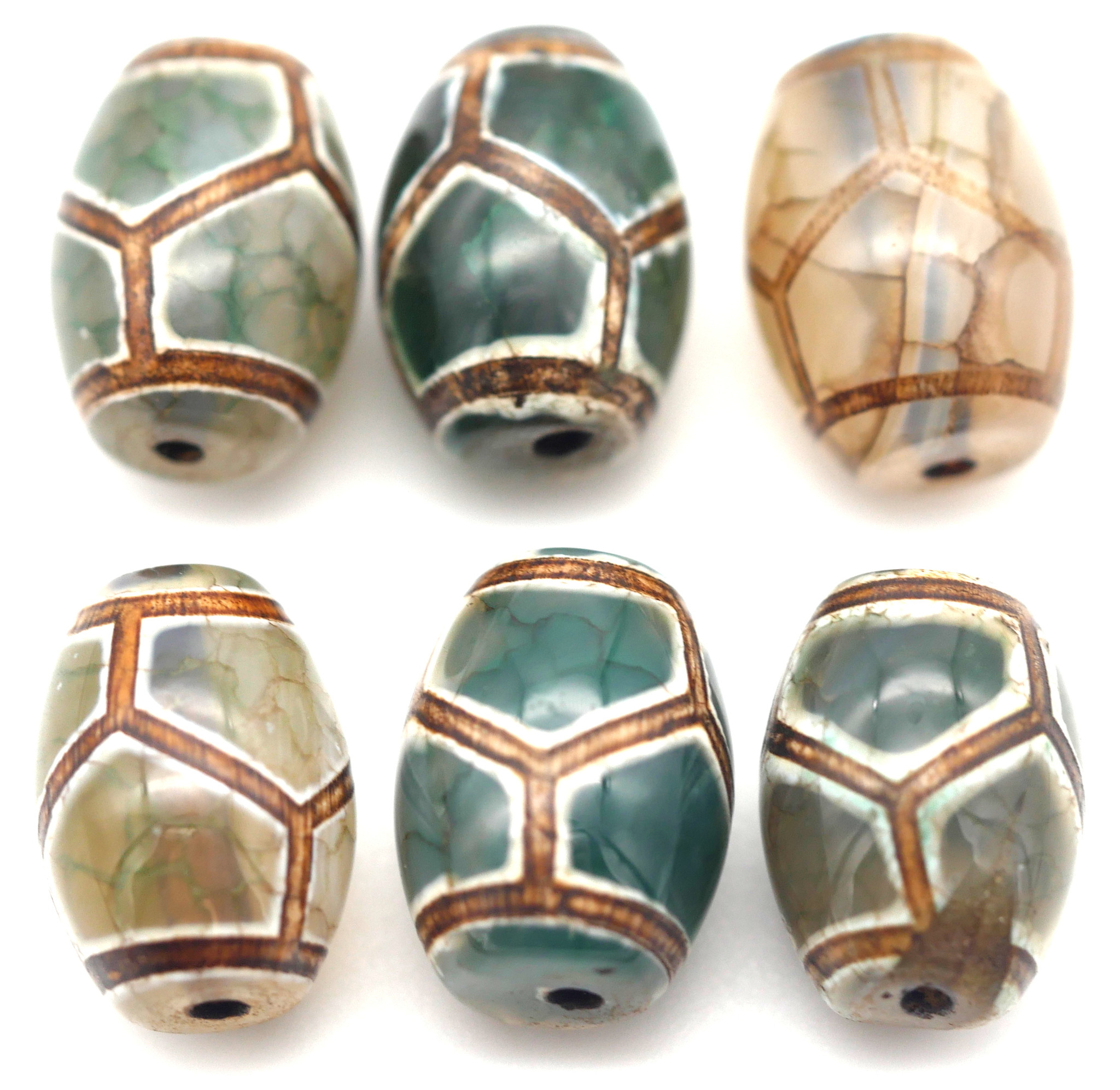 6pc Approx. 14x10mm Dzi Agate Barrel Beads, Green-Brown Tortoiseshell ...