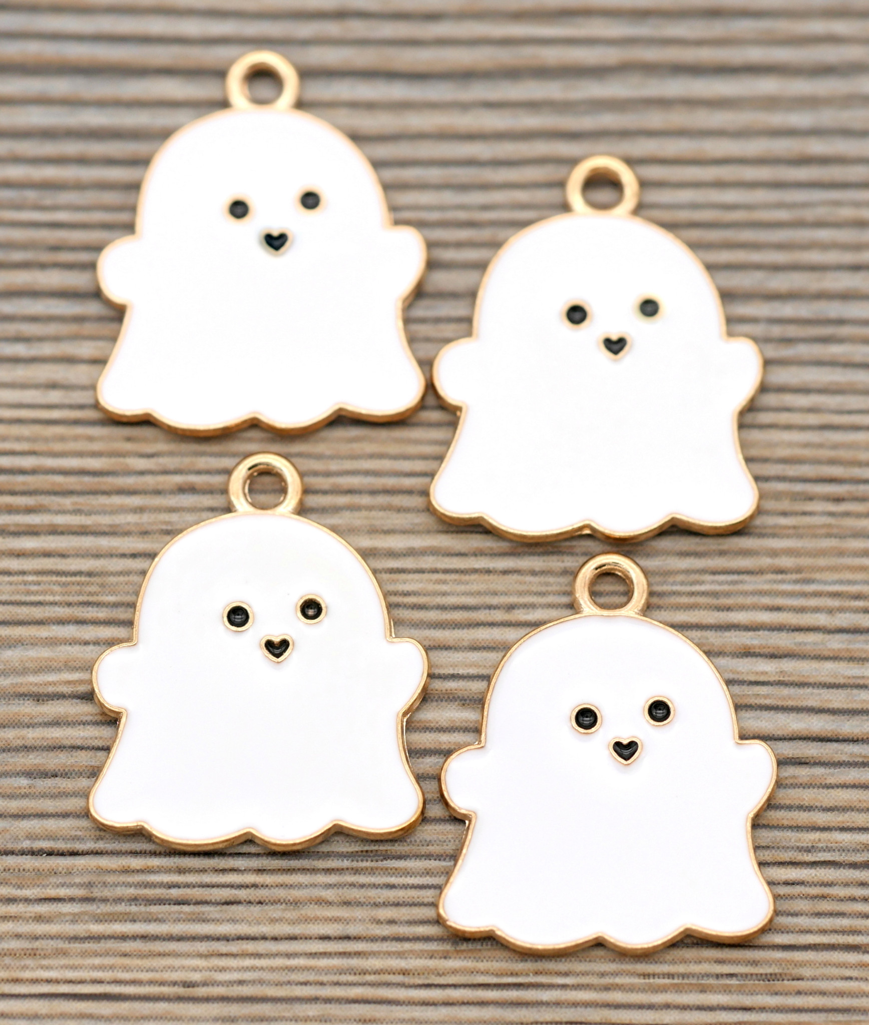 4pc 22x18mm Enameled Ghost Charms, White/Black/Gold - Bead Box Bargains