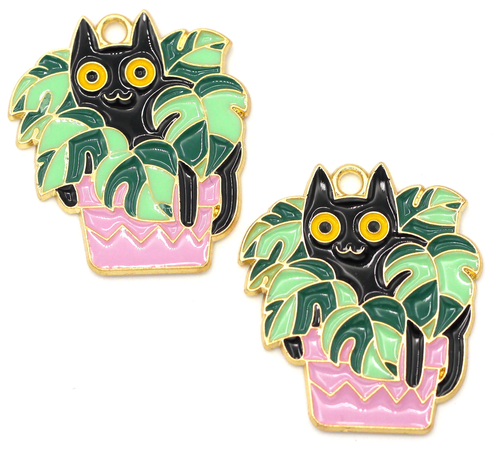 2pc 26x23mm Black Cat Mischief: Naptime in the Philodendron Enameled ...