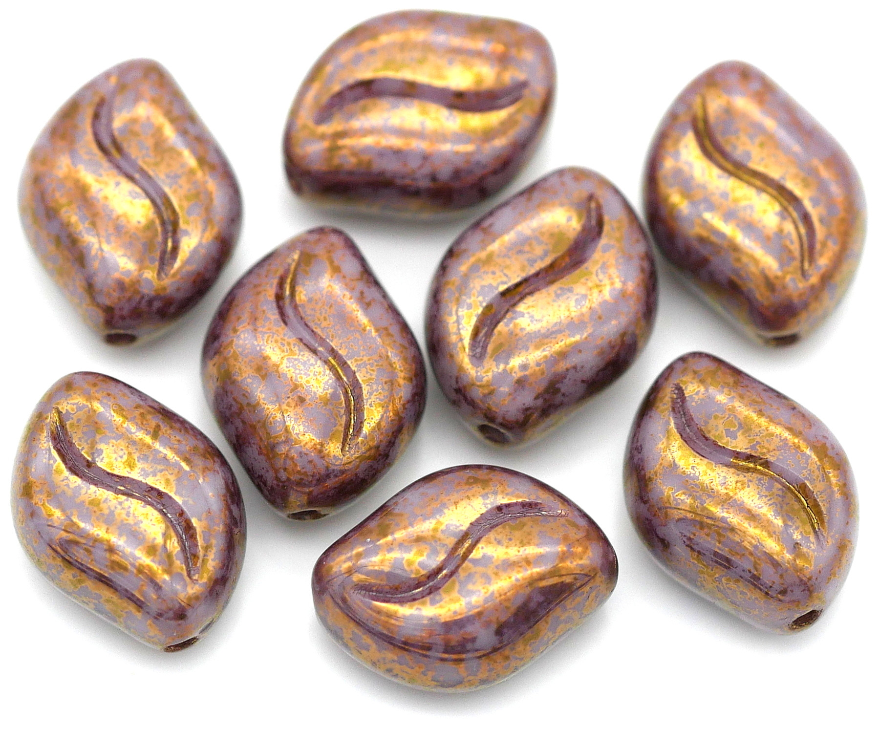 8pc 11x8mm Czech Pressed Glass Wavy Bean Beads, Opaque Lavender Silk ...