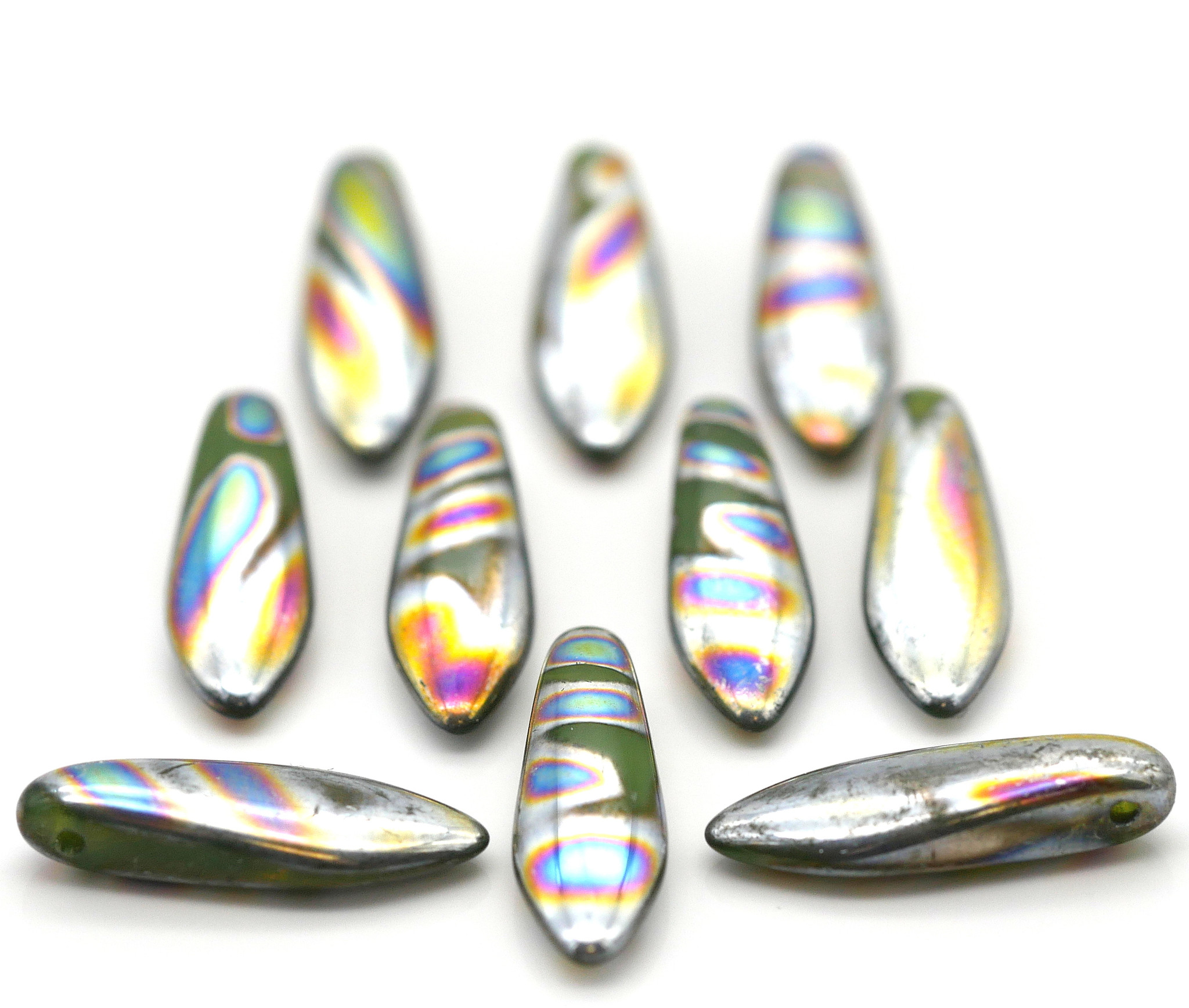10pc 5x16mm Czech Pressed Glass Dagger Beads, Dark Peridot Vitrail ...