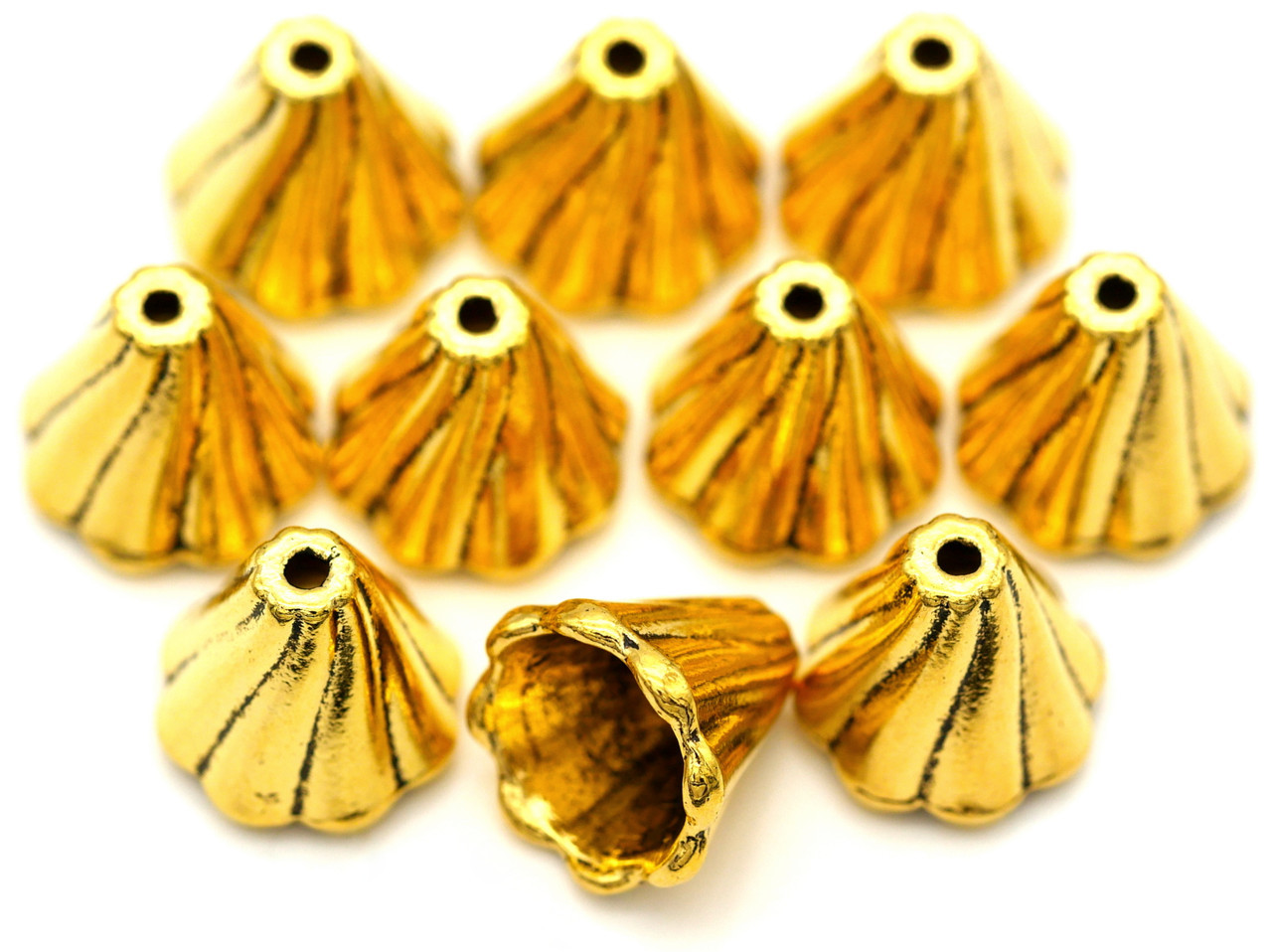 10pc 13x12mm Swirled Cone Bead Cap, Antique Gold - Bead Box Bargains
