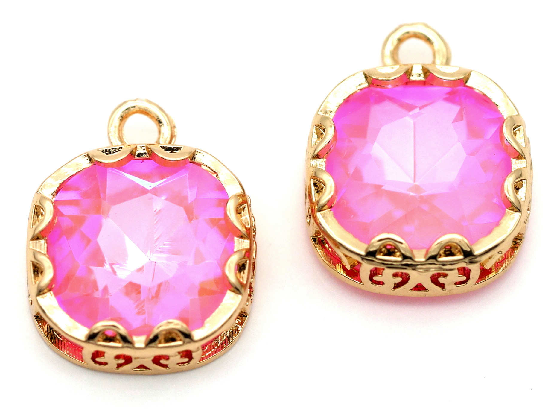 2pc 15x12mm Brass & Faceted Crystal Square Charms, Gold/Pink - Bead Box ...