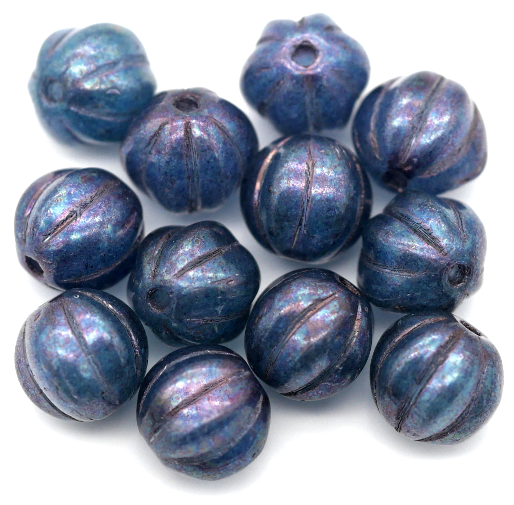 12pc 8mm Czech Pressed Glass Fluted Melon Beads, Crystal-Blue Swirl w ...