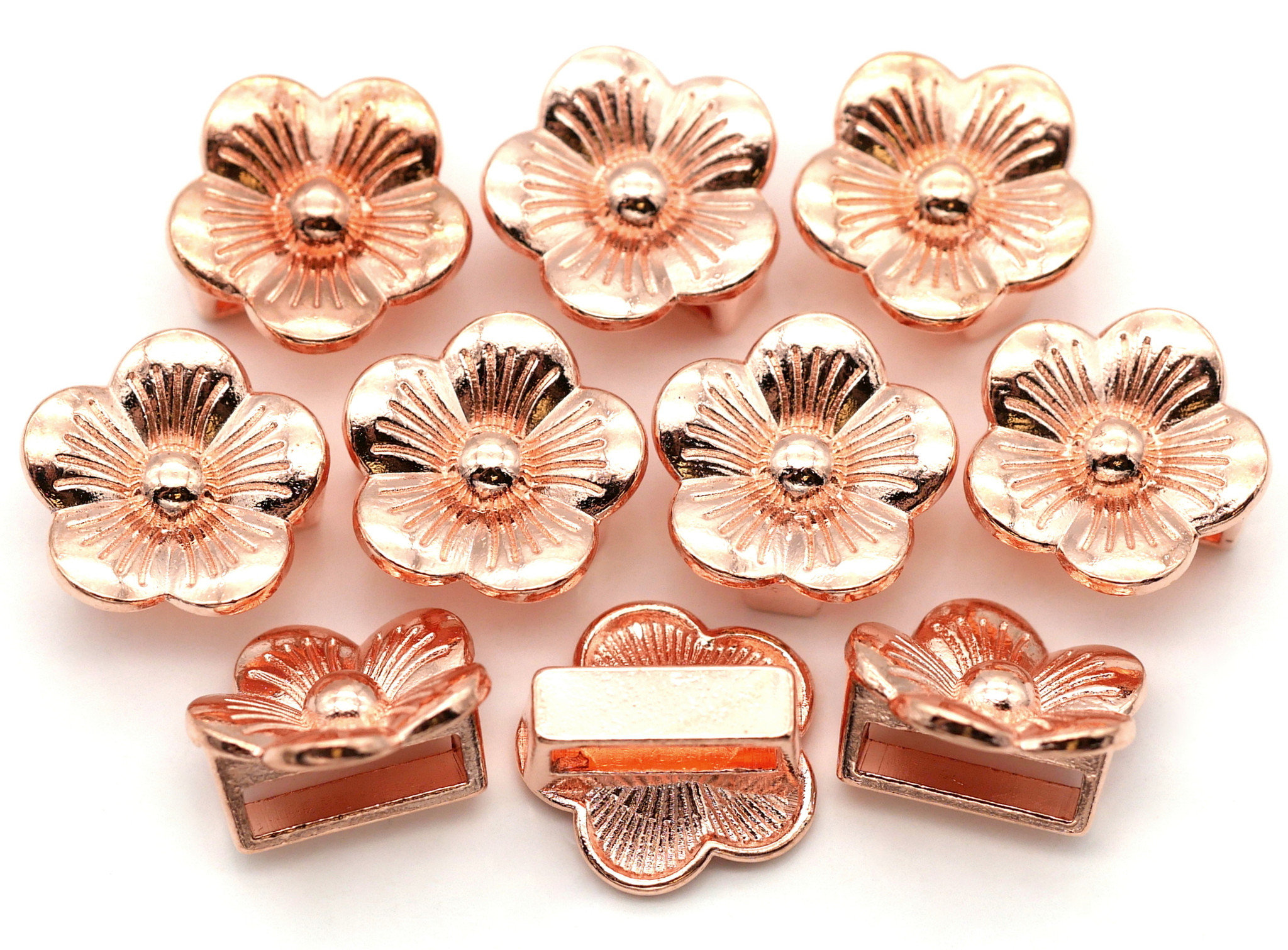 10pc 14x14x7mm 5-Petal Flower Slide Charm, Rose Gold - Bead Box Bargains