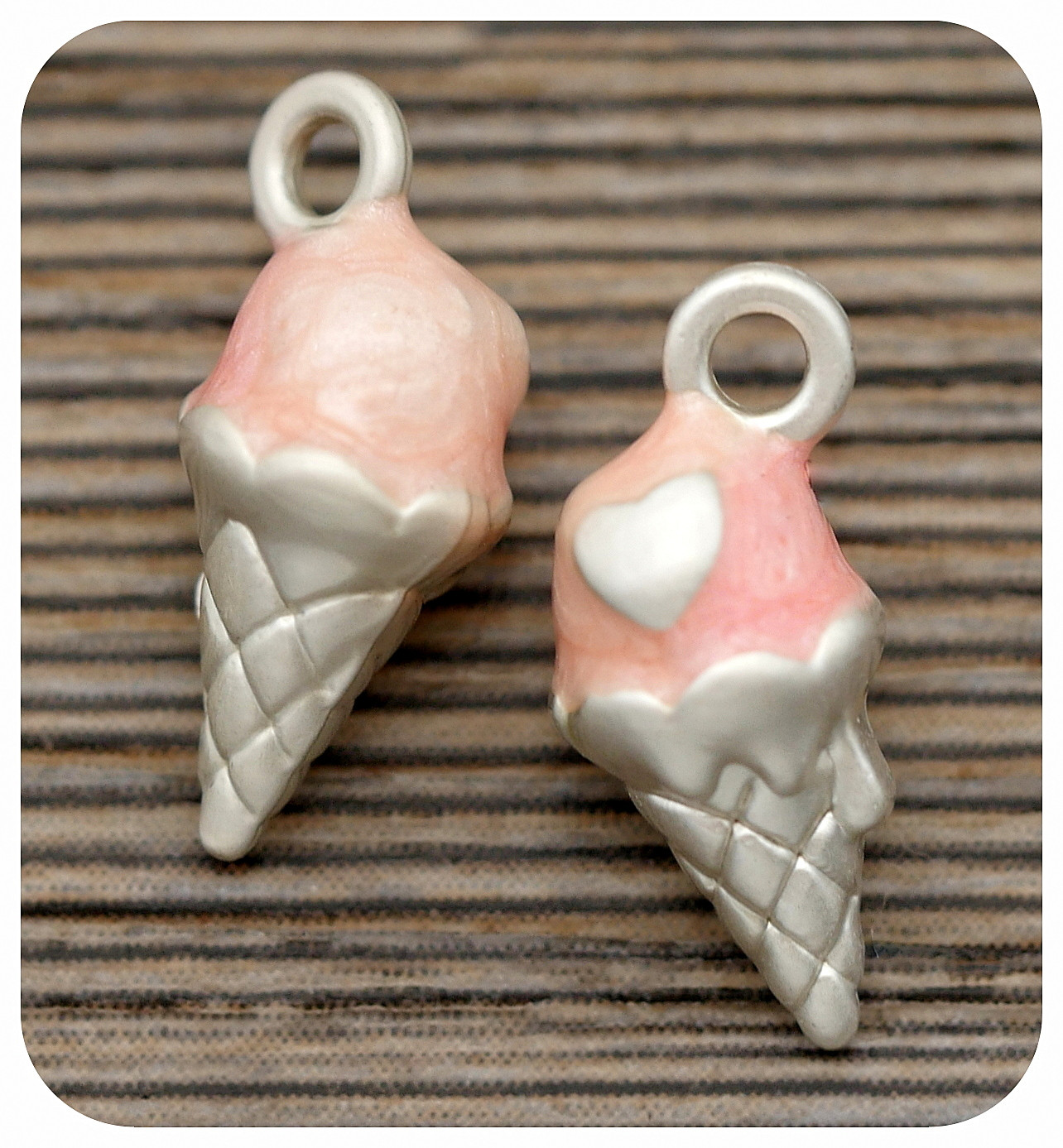 2pc Enameled Ice Cream Cone Charms, Matte Silver - Bead Box Bargains