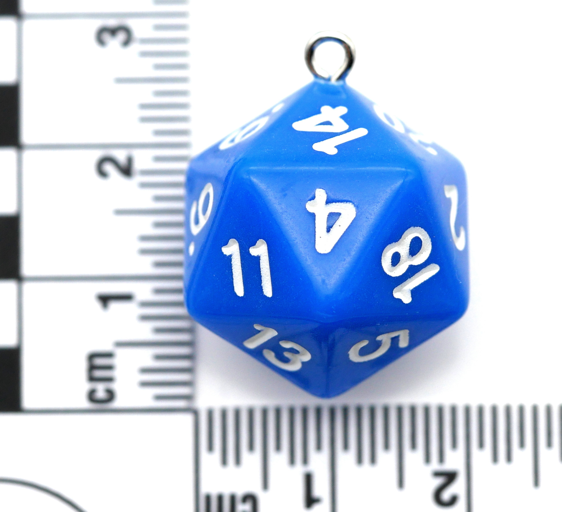 2pc 28x21mm Acrylic D20 Dice Pendants, Blue & White - Bead Box Bargains