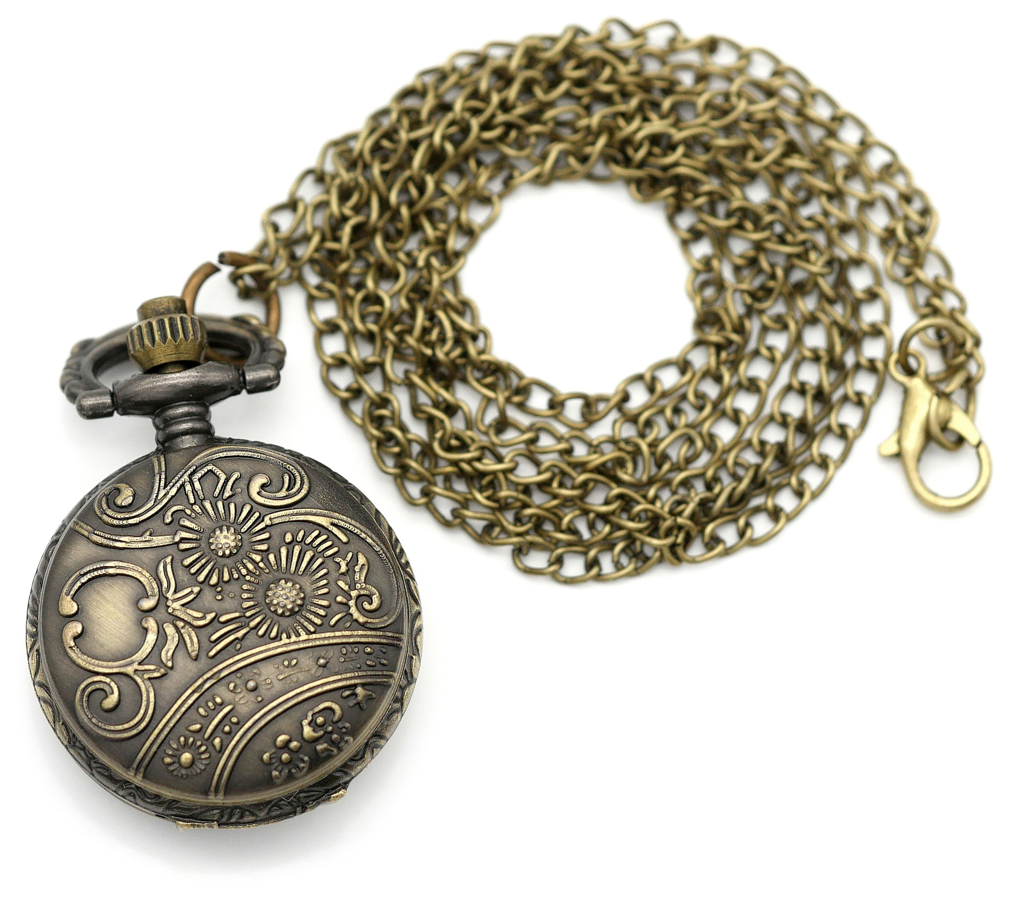 40x26mm Antique-Style Floral-Patterned Round Pocket Watch Pendant w ...
