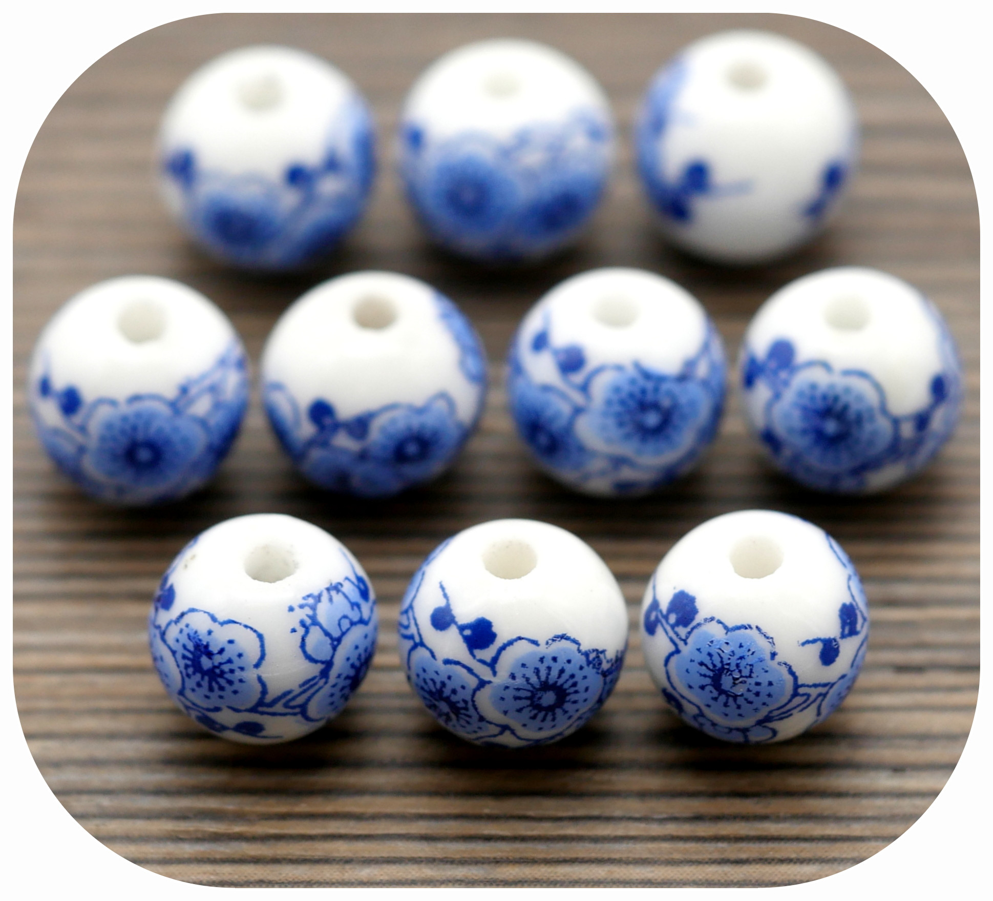 10pc 9mm Porcelain Vintage-Style Floral Printed Round Beads, White ...