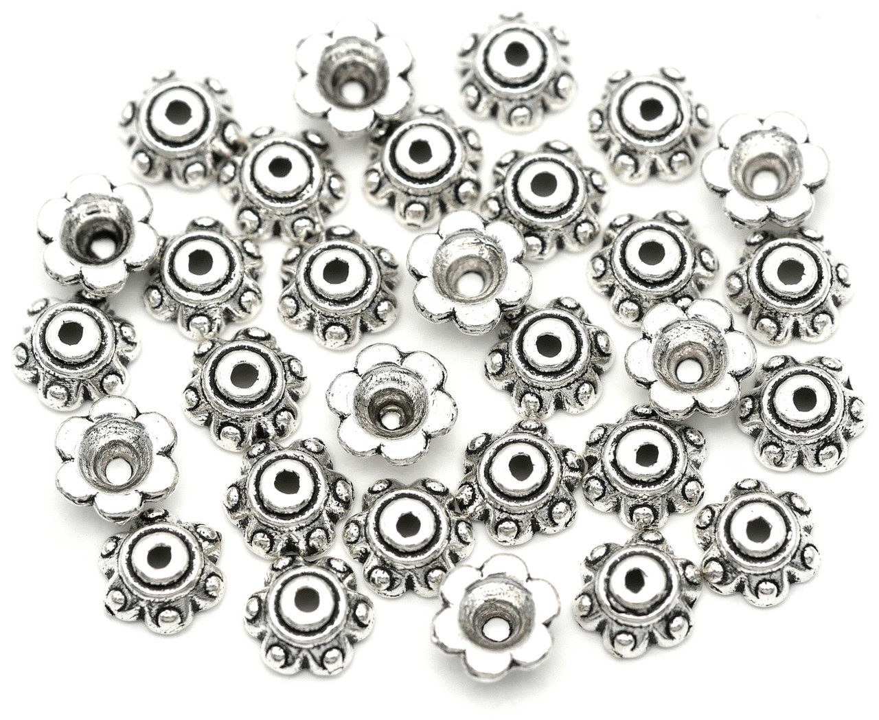 30pc 7mm Dotted Petal Bead Caps, Antique Silver - Bead Box Bargains