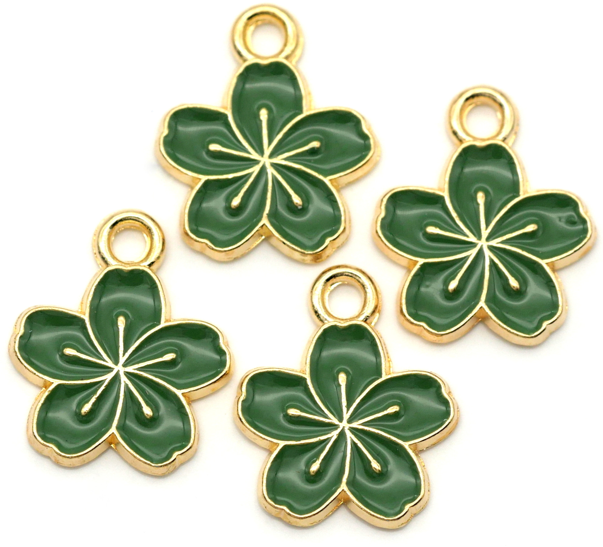 4pc 15x12mm Enameled Flower Charms, Gold/Green - Bead Box Bargains