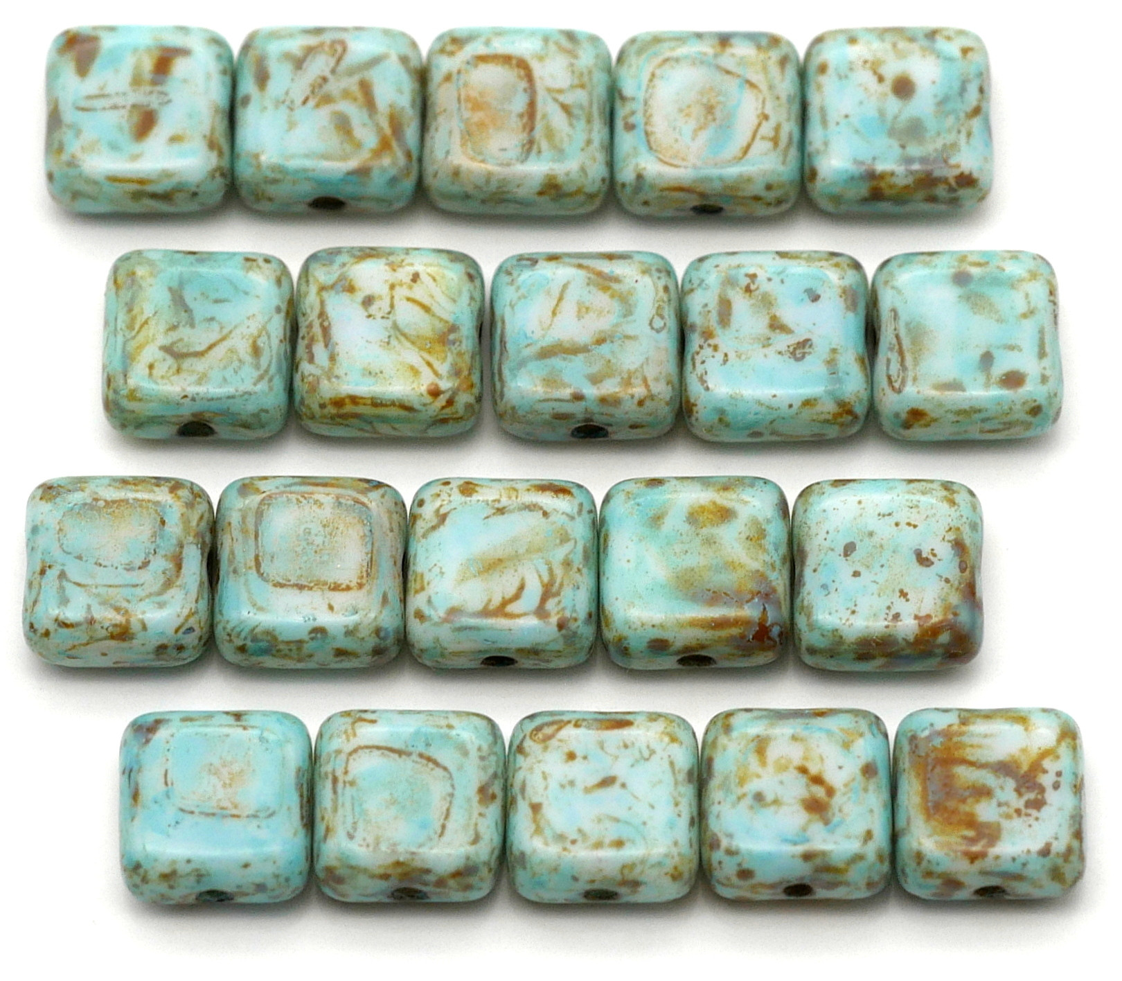 20pc 6mm Czech Pressed Glass Square Tile Beads, Alabaster w/Picasso ...