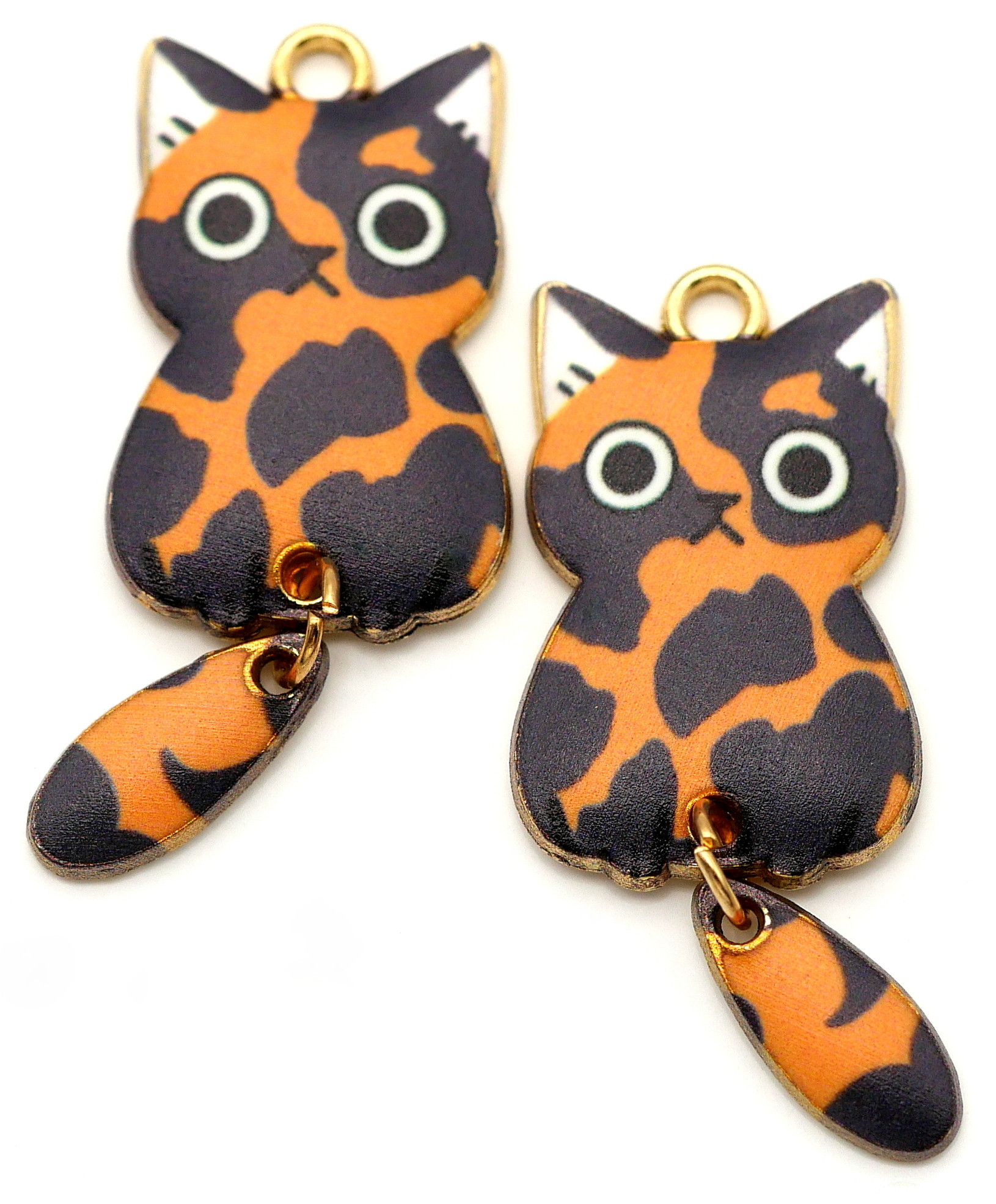 2pc 38x16mm Tortoiseshell Calico Cat Charms w/Articulated Tail, Gold ...