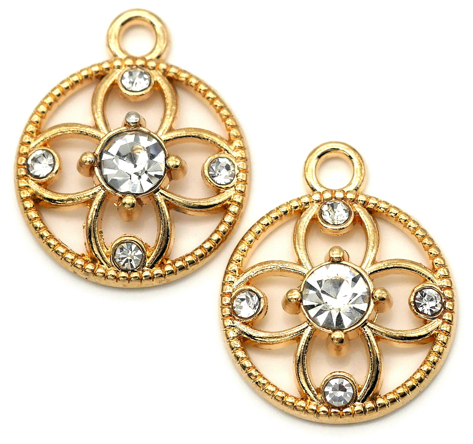 2pc 20x16mm Rhinestone Round Flower Pendant, Gold - Bead Box Bargains