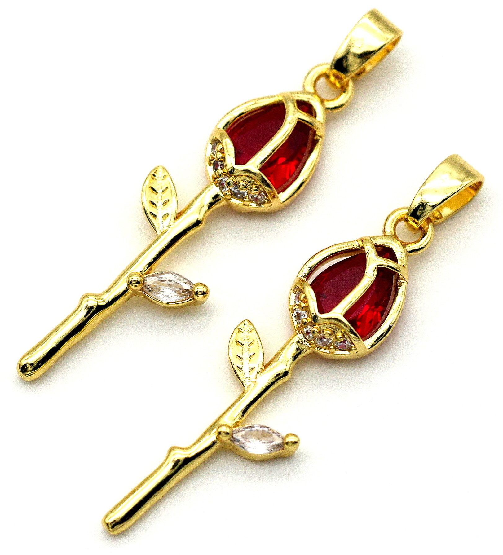 2pc 28x8mm 18K Gold-Plated Brass & Cubic Zirconia Rose Pendant w ...