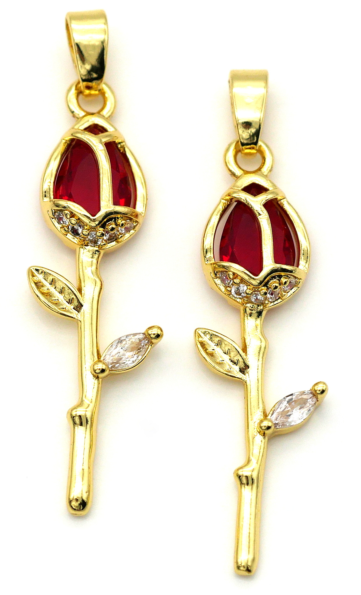 2pc 28x8mm 18K Gold-Plated Brass & Cubic Zirconia Rose Pendant w ...