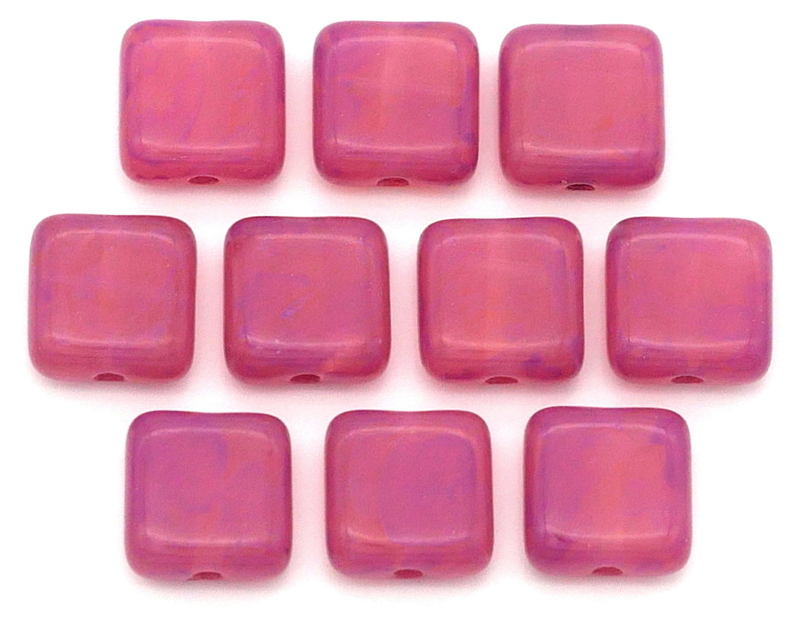 10pc 6mm Czech Pressed Glass Square Tile Beads, Pink Opal w/Pebbled ...