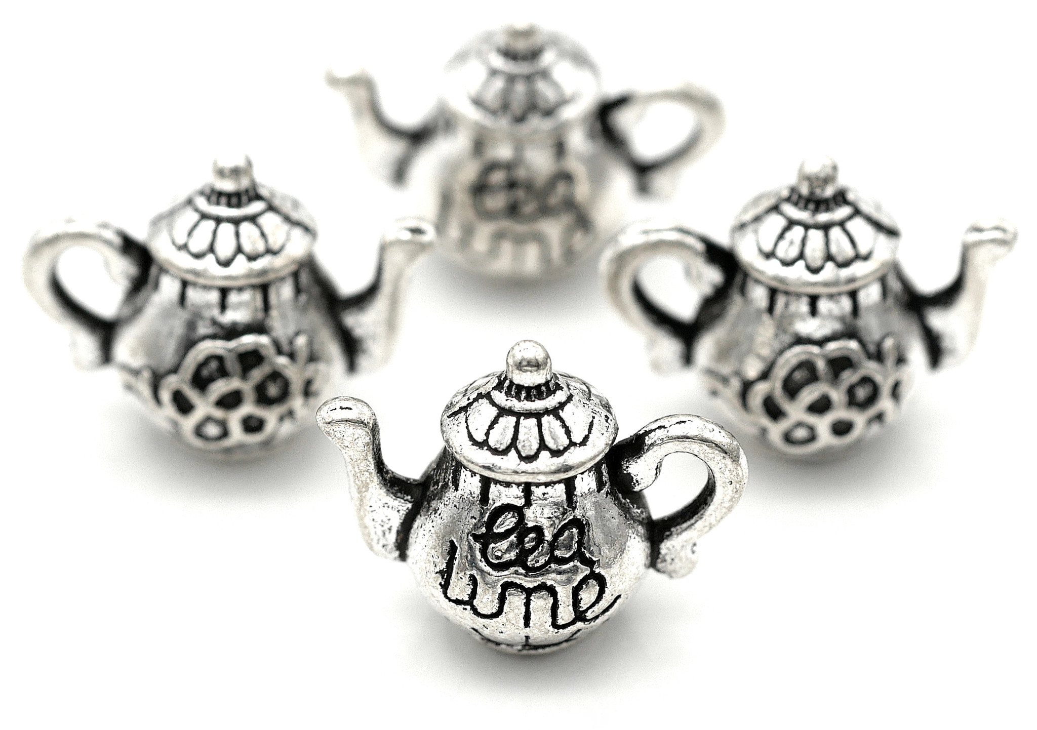 4pc 15x12mm "tea time" Teapot Charms, Antique Silver - Bead Box Bargains
