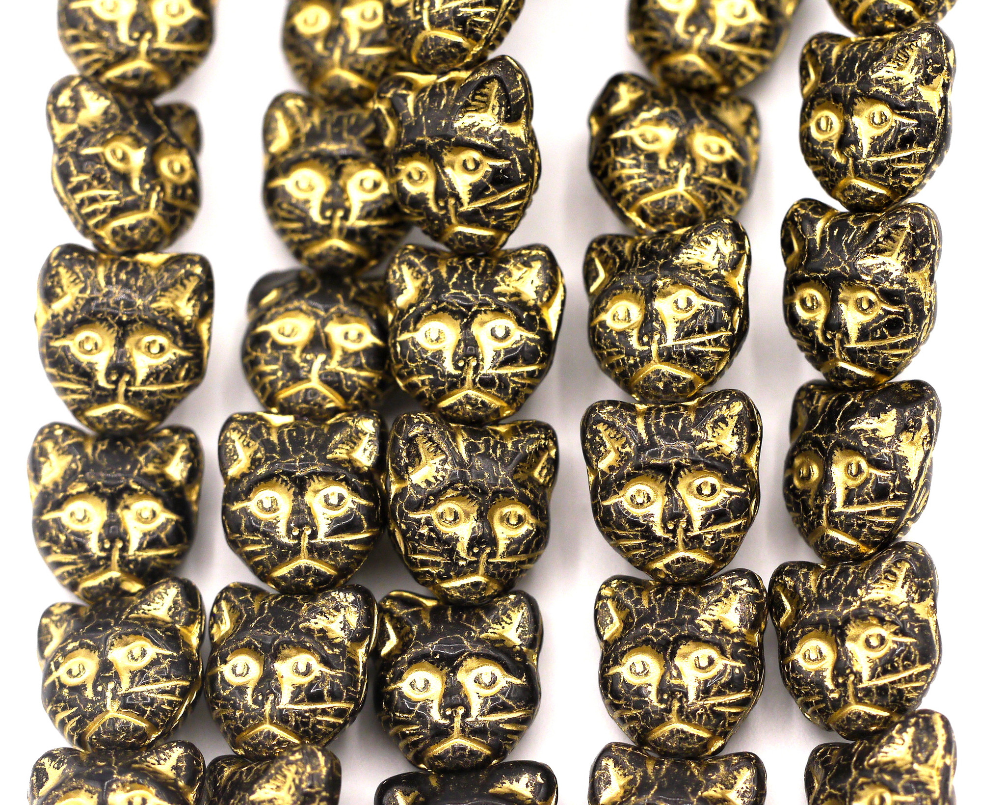 10pc 11mm Czech Pressed Glass Cat Face Beads, Jet Black/Gold Wash ...