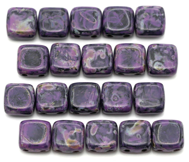 20pc 6mm Czech Pressed Glass 2-Hole Square Tile Beads, Jet w/Picasso ...