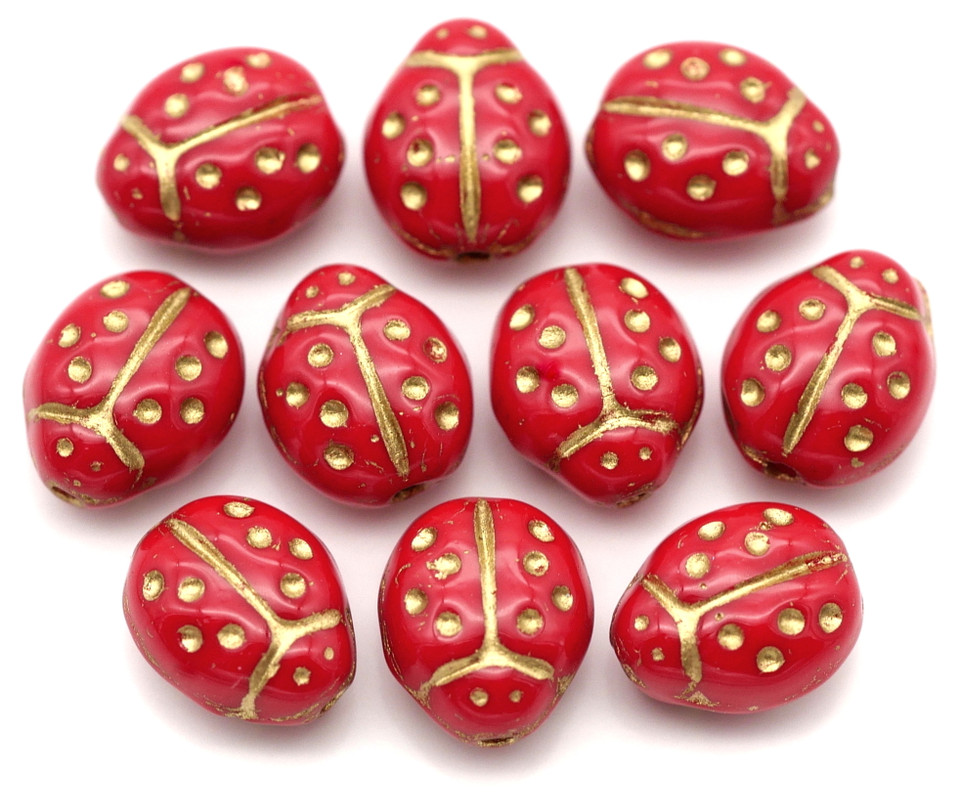 10pc 10x7mm Czech Pressed Glass Ladybug Beads, Opaque Red w/Gold Wash ...