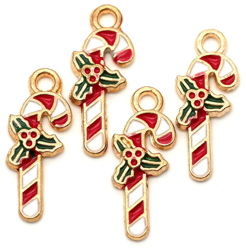 4pc 19x7.5mm Enameled Christmas Candy Cane w/Holly Charms, Red/White ...