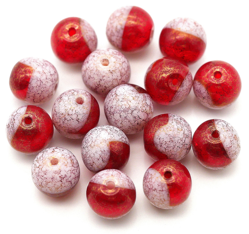 16pc 8mm Czech Pressed Glass Druk Round Beads, Ruby Red & Chalk White ...