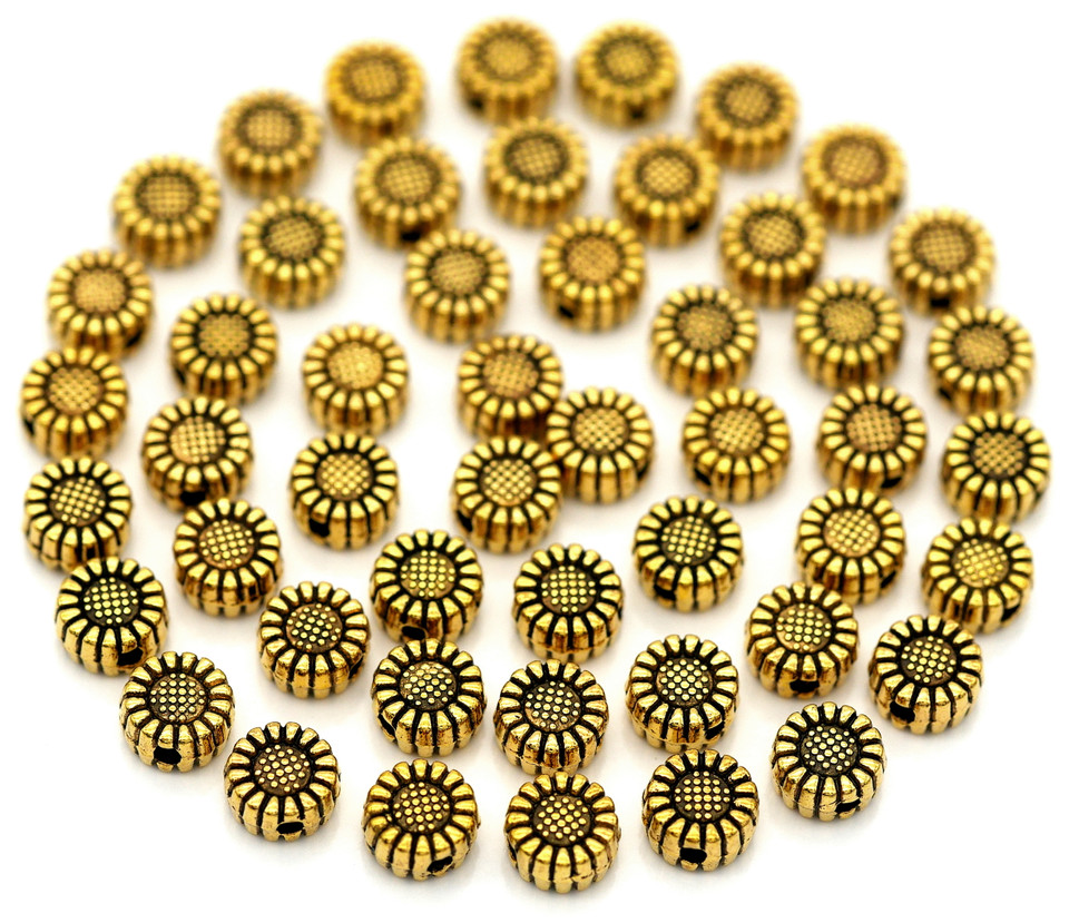 50pc 5.5mm Sunflower Spacer Beads, Antique Gold - Bead Box Bargains