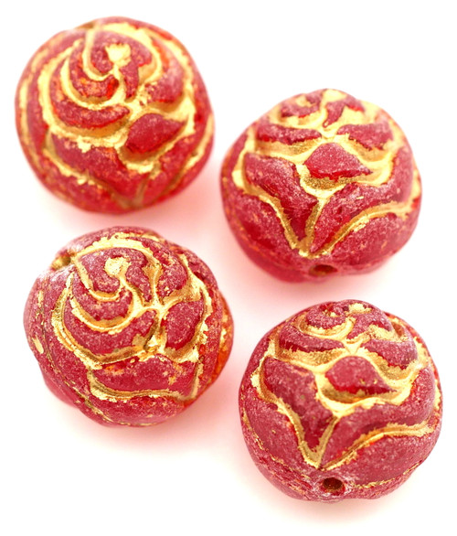 4pc 13mm Czech Pressed Glass Rosebud Beads, Frosted Transparent Red ...