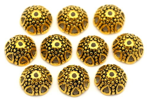 10pc 12mm Dotted Cutout Round Bead Cap, Antique Gold - Bead Box Bargains