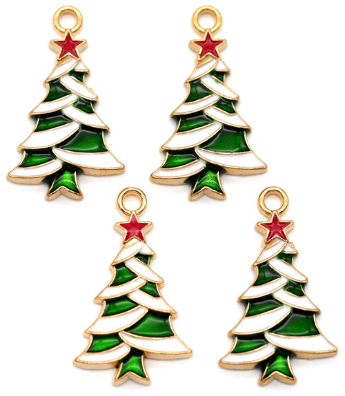 4pc 27x16mm Enameled Christmas Tree Charms, Green/White/Red - Bead Box ...