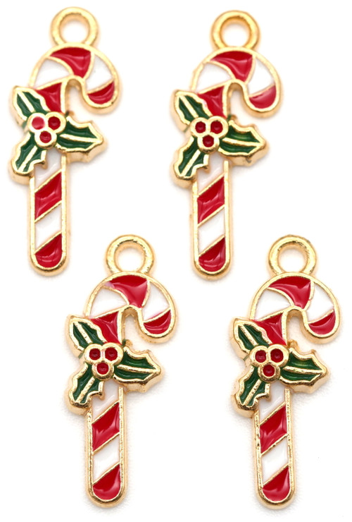 4pc 19x7.5mm Enameled Candy Cane w/Holly Charms, Gold - Bead Box Bargains