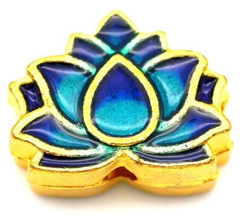13x10mm Pewter & Enamel Cloisonné-Style Lotus Bead, Gold/Sapphire/Teal ...