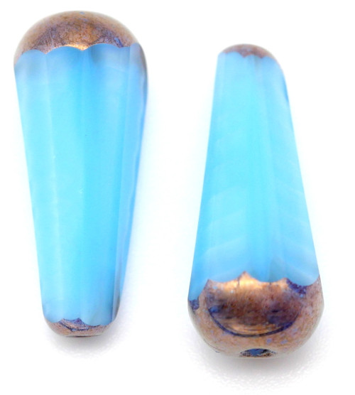 2pc 20x9mm Czech Fire-Polished Glass Faceted Drop Bead, Sky Blue Silk/Bronze Luster - Bead Box ...