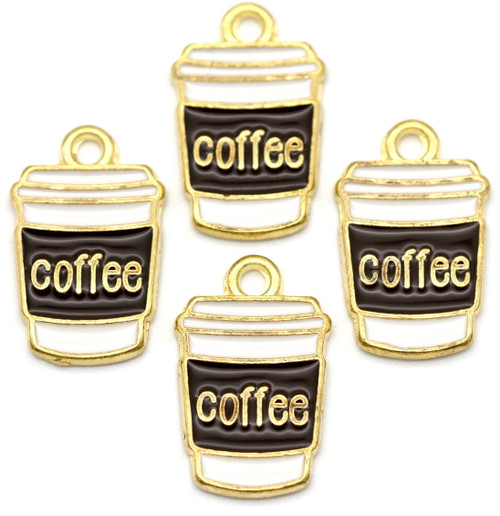 4pc 18x11mm Enameled Coffee Cup Charms, Brown/White/Gold - Bead Box ...