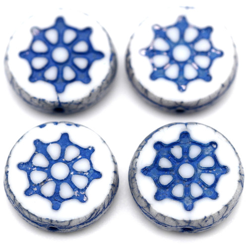 4pc 12mm Czech Table-Cut Glass Ship's Wheel Coin Beads, Alabaster/Baby ...