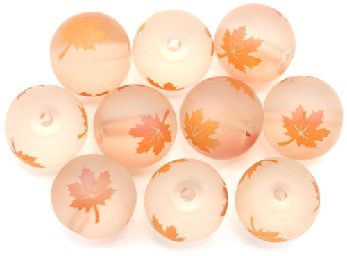 10pc 10mm Patterned Glass Round Beads, Crystal/Apricot Maple Leaves ...