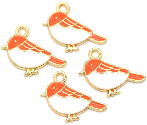 4pc 15x19.5mm Enameled Bird Charms, Orange/White/Gold - Bead Box Bargains