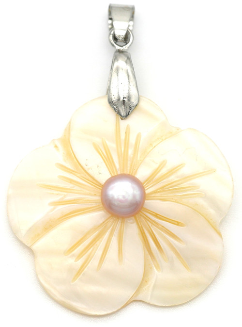 Approx. 43x33mm Carved Freshwater Shell Flower Pendant w/Freshwater ...