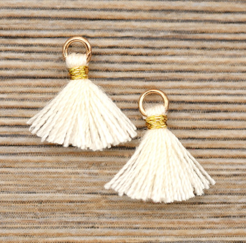 2pc 12mm Polyester Tassel Charms, Ivory/Gold - Bead Box Bargains