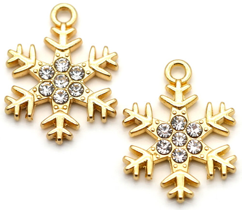 2pc 22x17mm Snowflake Pendants w/Rhinestone Accents, Gold - Bead Box ...